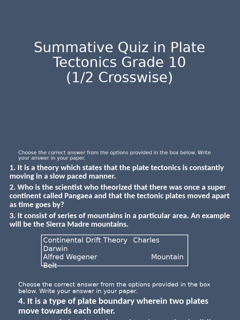 Summative Quiz in Plate Tectonics Grade 10 | PDF | Plate Tectonics ...