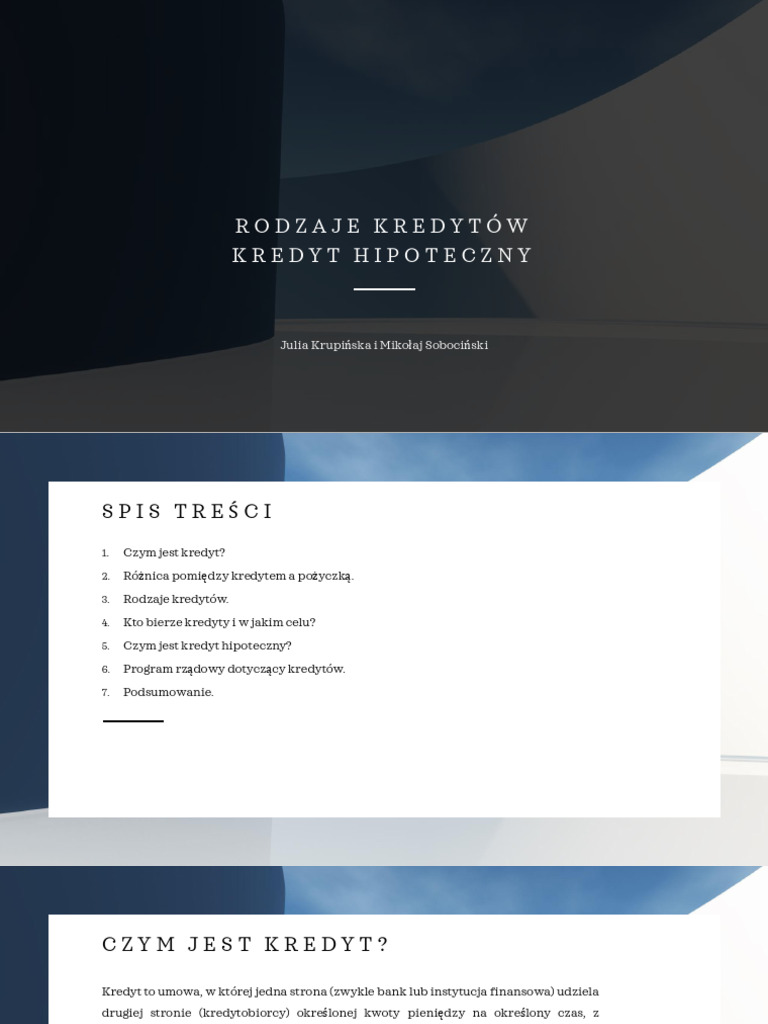 Prezentacja ,,rodzaje Kredytów. Kredyt Hipoteczny | PDF