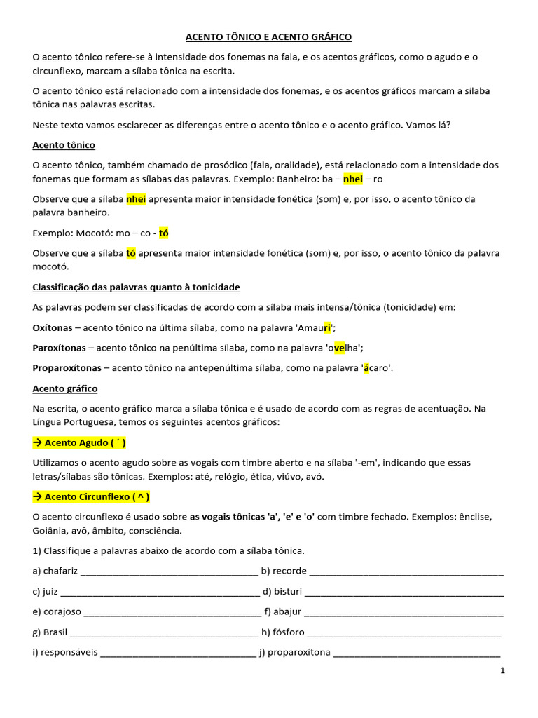 Acento Tônico e Acento Gráfico | PDF | Estresse (Linguística) | Sílaba