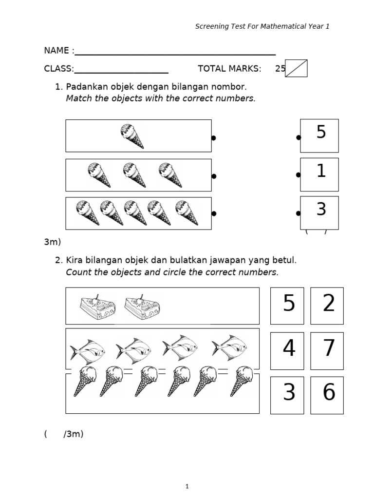 Soalan Matematik Tahun 1 | PDF