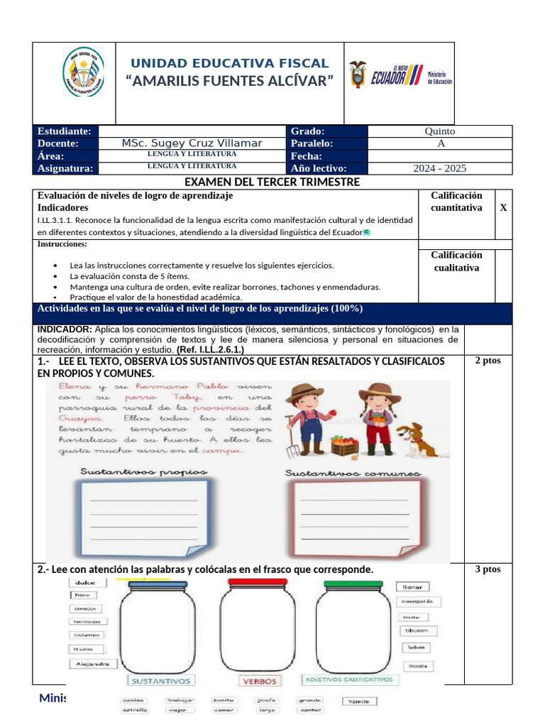 Examen de Lengua y Literatura Quinto Grado | PDF | Lingüística ...