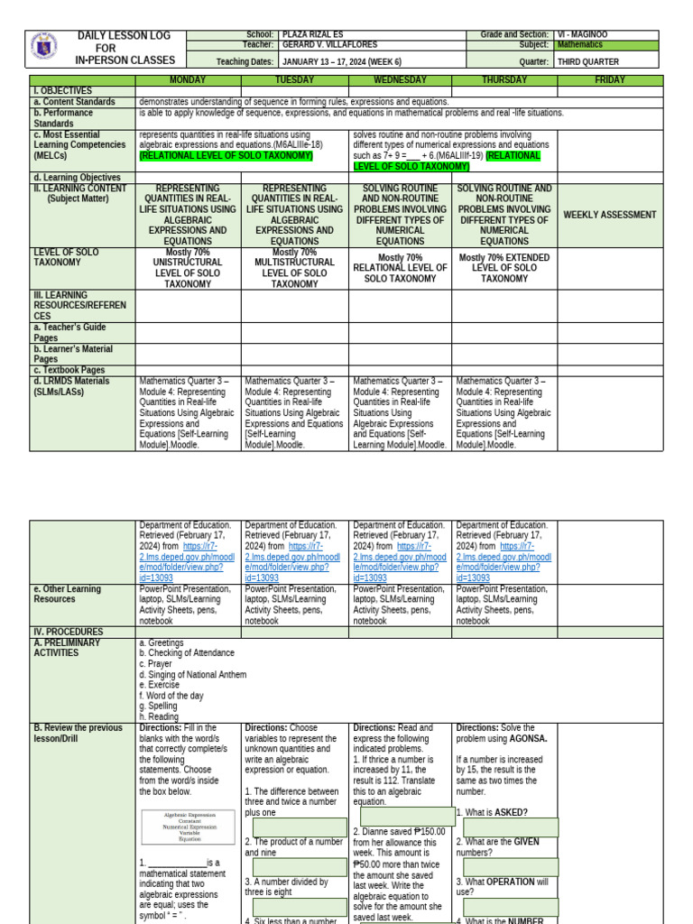 Q3_MATH_DLL_WEEK 6 | PDF | Equations | Numbers