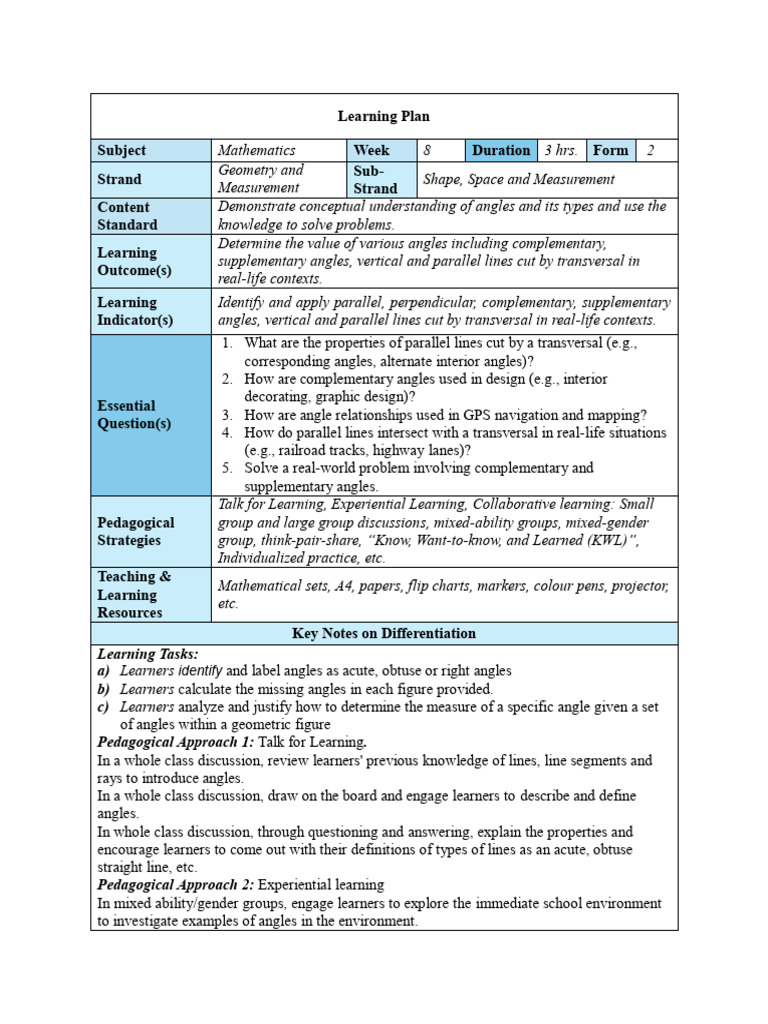 Geometry Learning Plan: Angles & Measurement | PDF | Learning | Angle