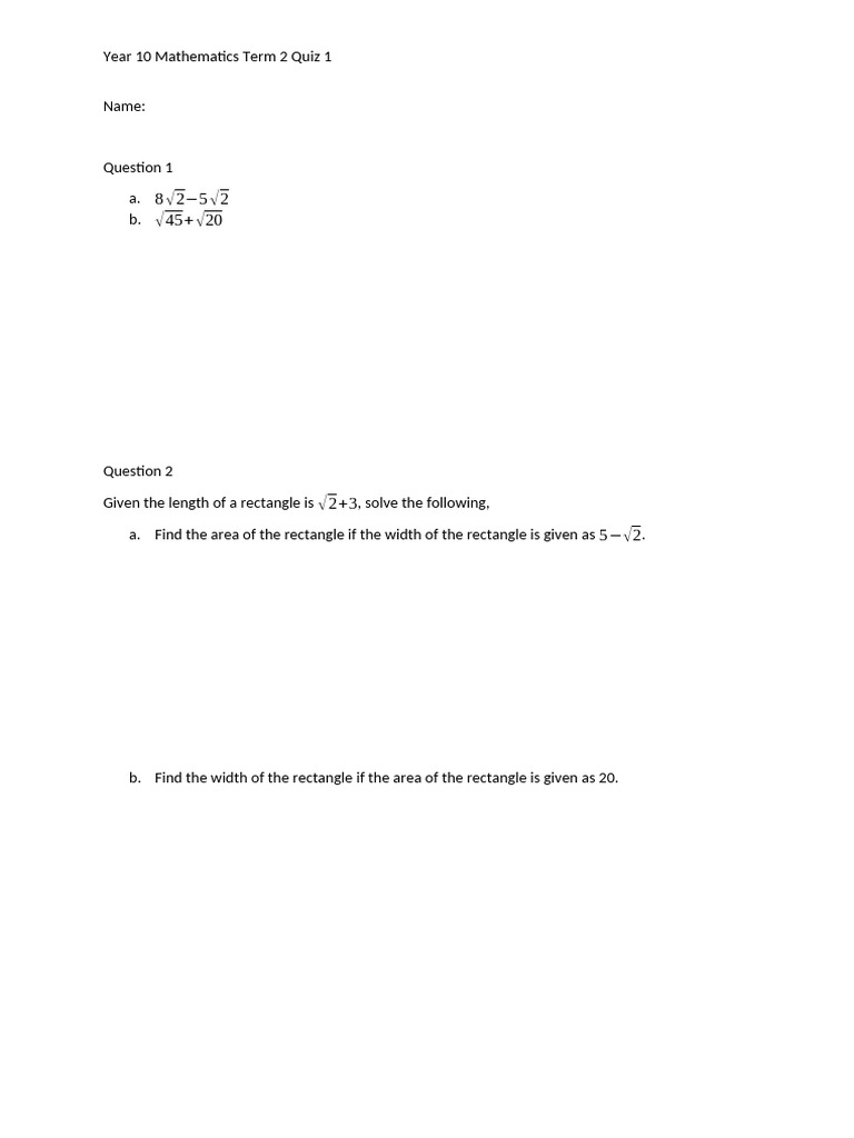Year 10 Mathematics Term 2 Quiz 1 | PDF