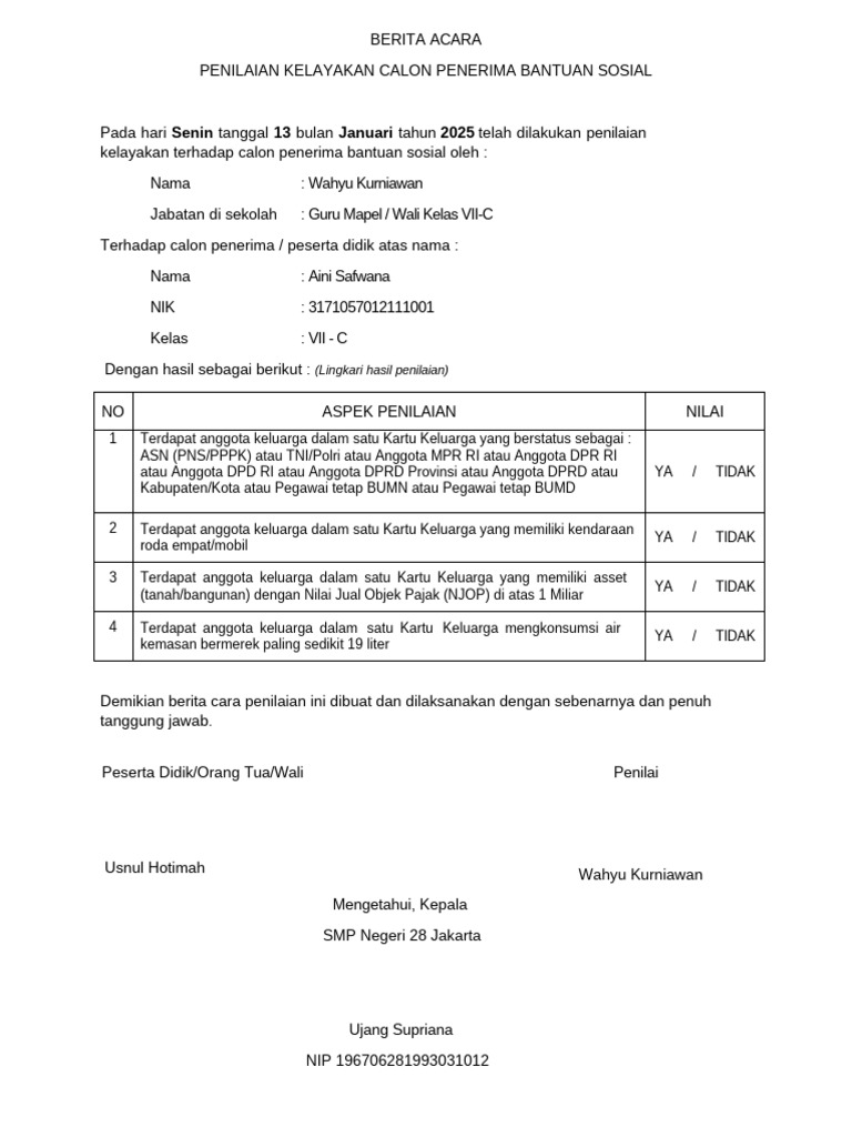 Draft BA Penilaian Kelayakan Penerima Bansos KJP 2024 | PDF