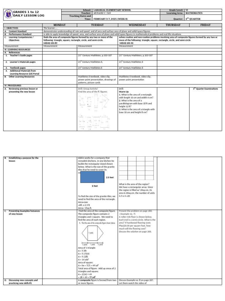 DLL_MATHEMATICS 6_Q3_W8 (2) | PDF | Area | Rectangle