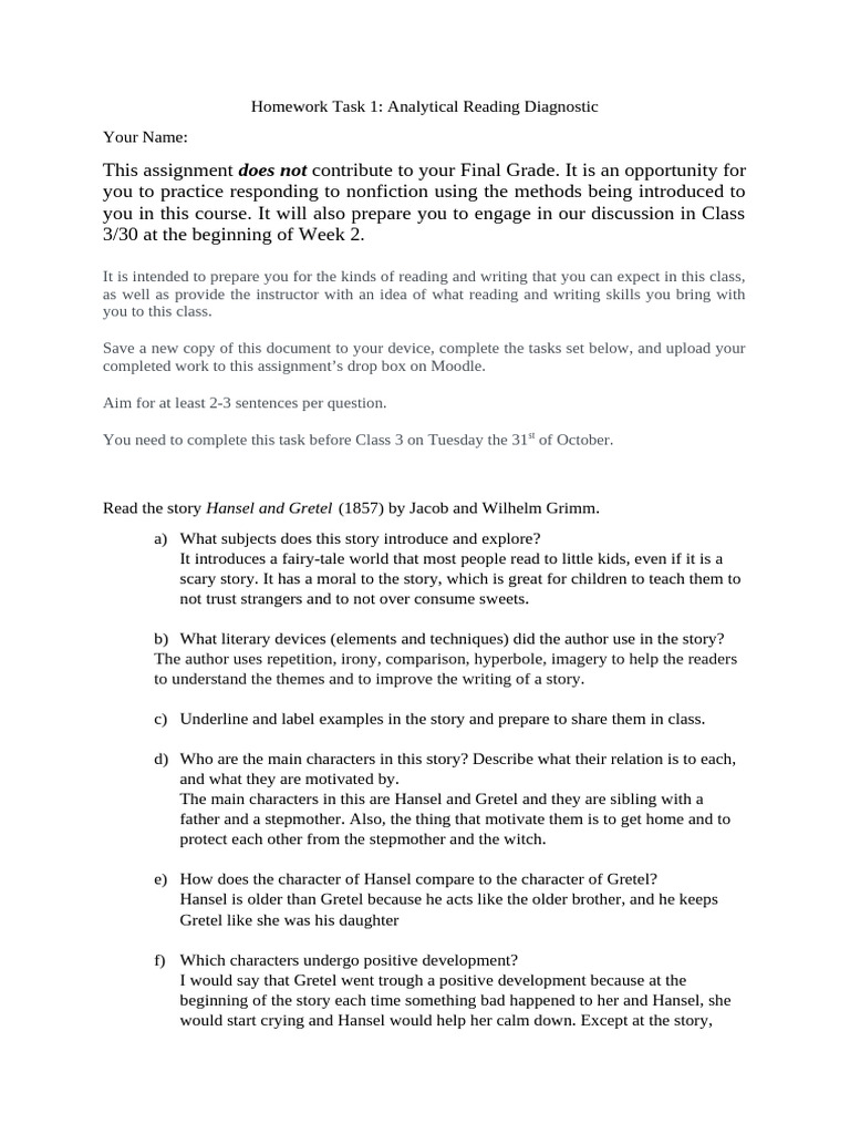 Homework Task 1 Analytical Reading Diagnostic F.21 | PDF | Hansel And Gretel (Opera) | Hansel ...