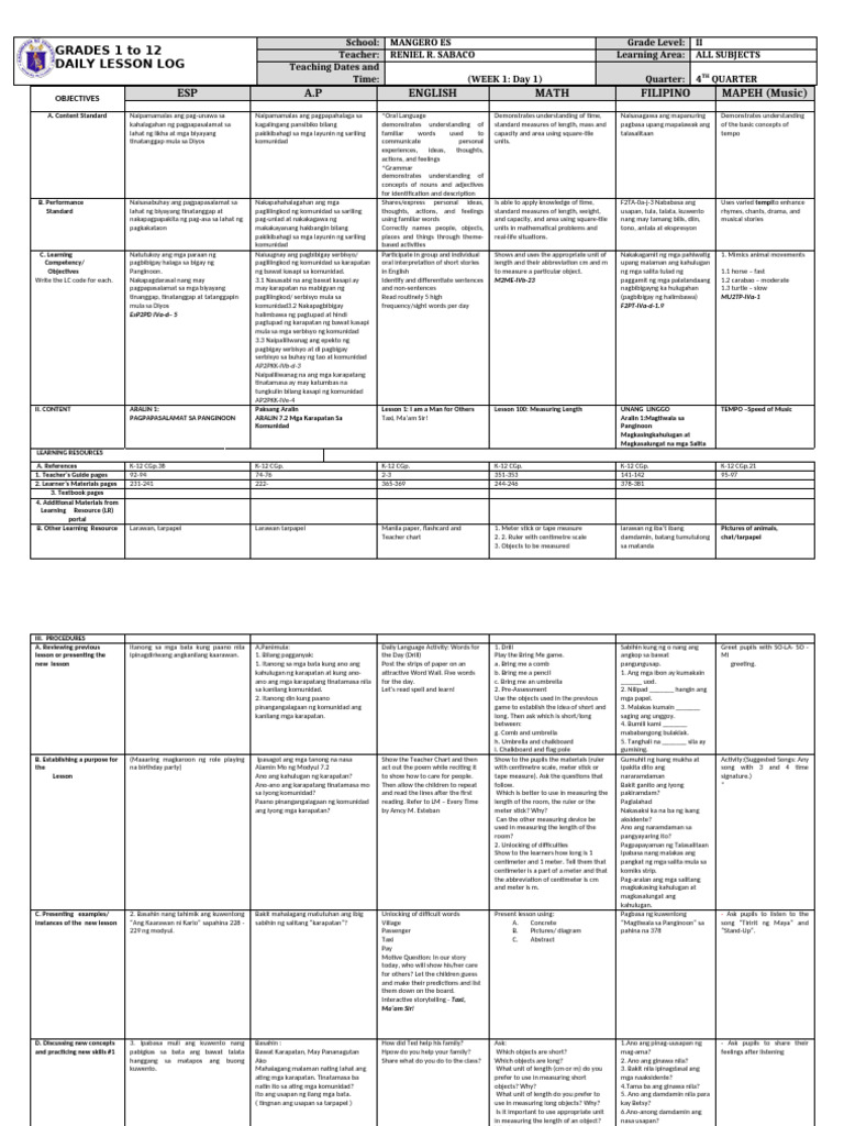 DLL - All Subjects 2 - Q4 - W1 - D1 | PDF