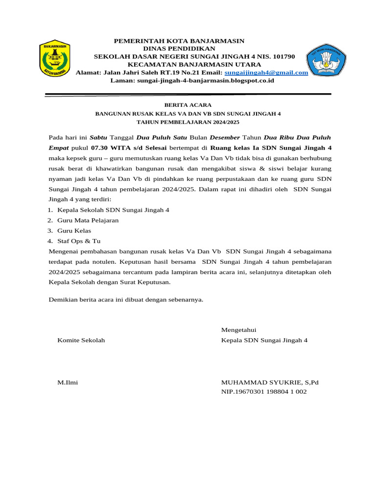 BERITA ACARA KERUSAKAN BANGUNAN KELAS 5A DAN 5B 2024 FIX | PDF