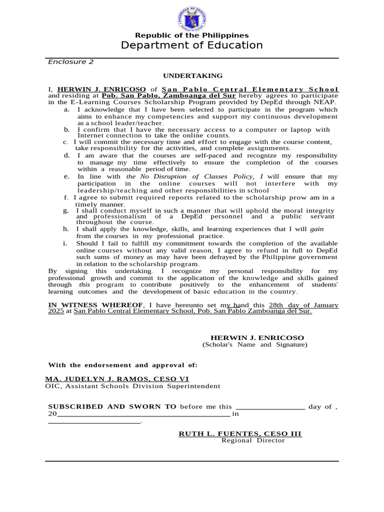 Enclosure2 Undertaking HERWIN J. ENRICOSO | PDF | Educational Technology