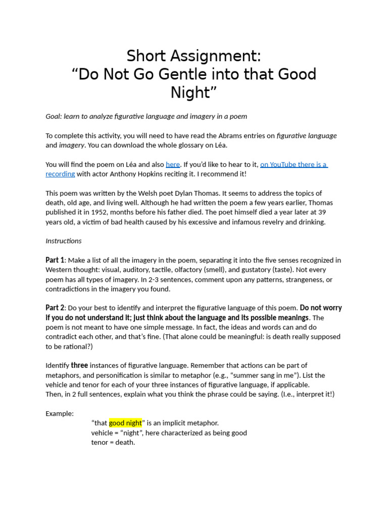 Short Assignment - Figurative Language and Imagery | PDF