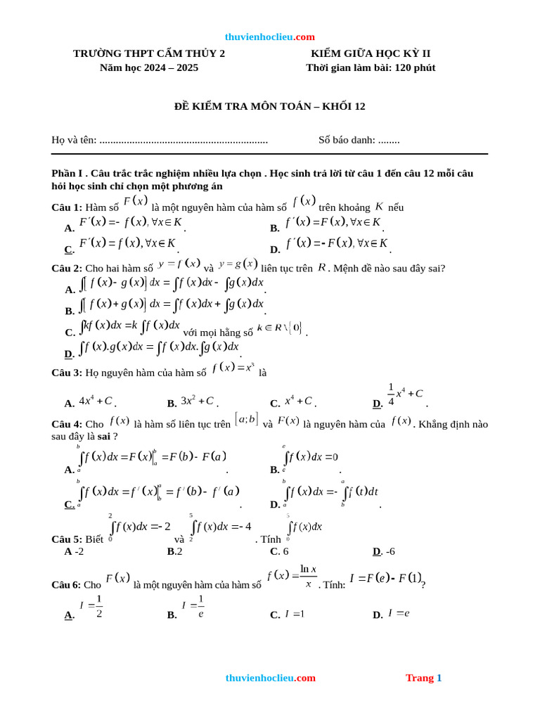 Thuvienhoclieu.com 10 de Kiem Tra Giua HK2 Toan 12 CT 2025 | PDF