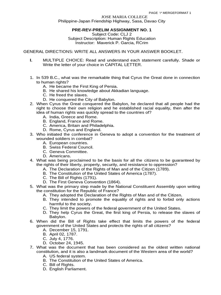 Clj.2-Prelim Assignment No. 1 | PDF | Human Rights | Rights