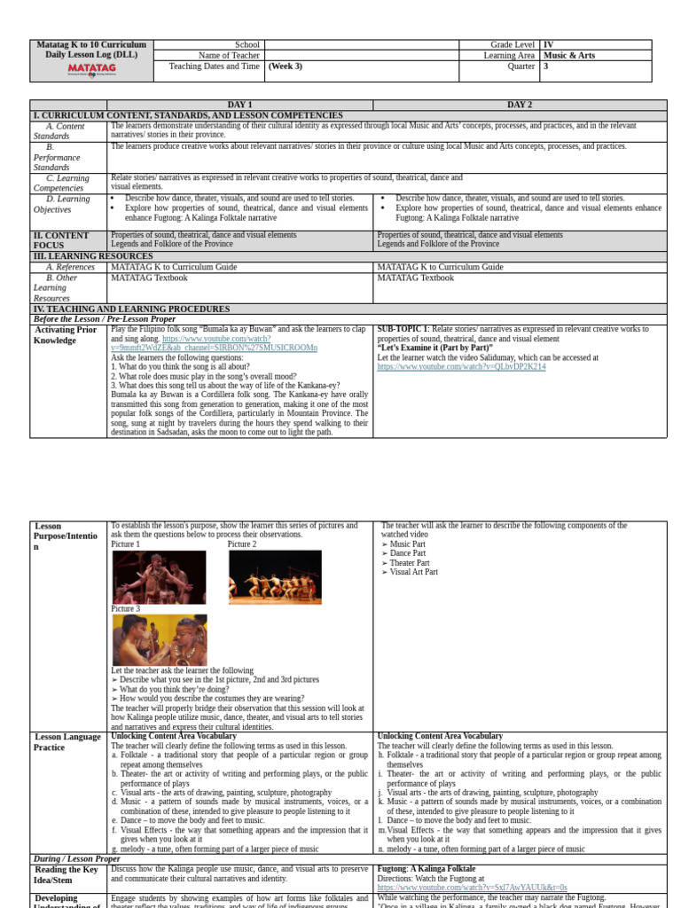 K to 10 Music & Arts Lesson Plan | PDF | Folklore | Curriculum