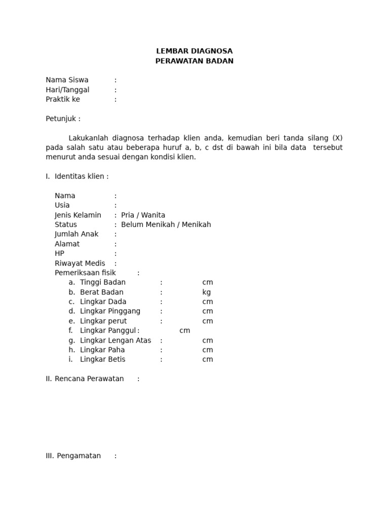 Lembar Diagnosa Perawatan Badan | PDF