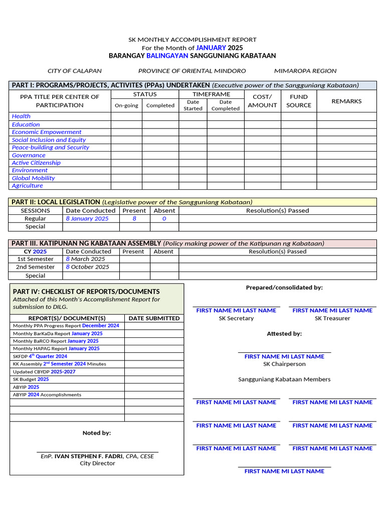 SK Monthly Accomplishment Report 2025 Use Legal Size | PDF | Youth ...