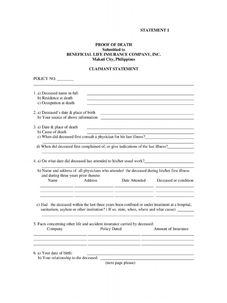 BENLIFE Death Claim Form 2 | PDF