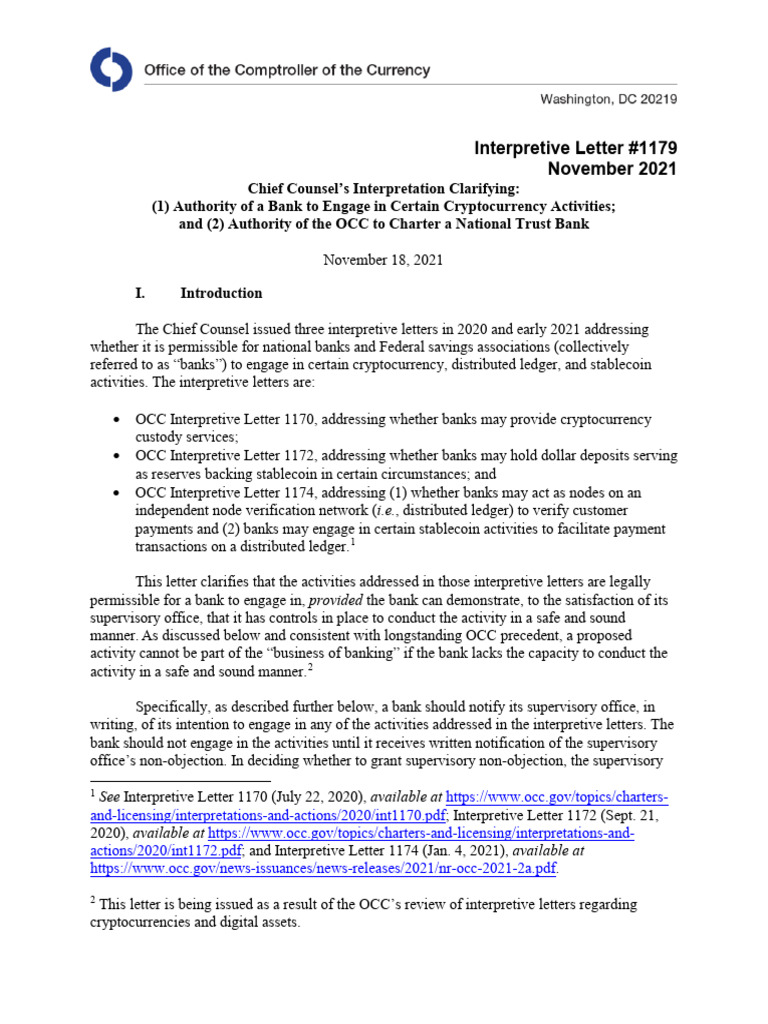 OCC Letter On Banks and Stablecoins | PDF | Banks | Regulatory Compliance