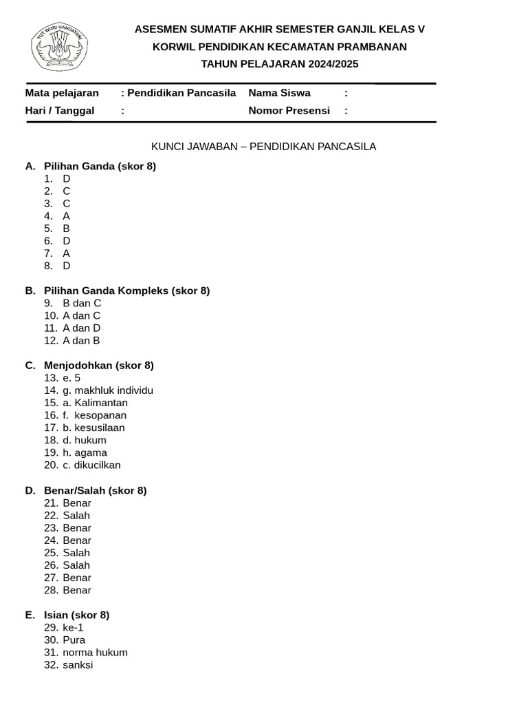Kunci Jawaban Pancasila - Asesmen Sumatif Akhir Semester Ganjil TH 2024-2025 | PDF