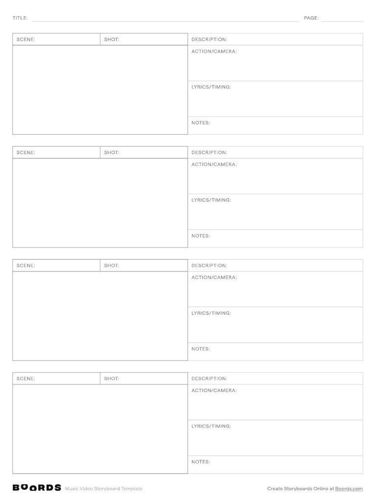Music Video Storyboard Template A4 4 Panel Vertical | PDF