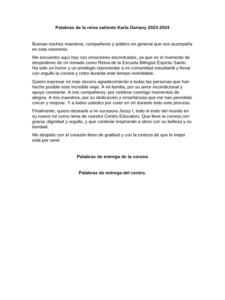 Palabras de La Reina Saliente Karla Dariany 2023 | PDF
