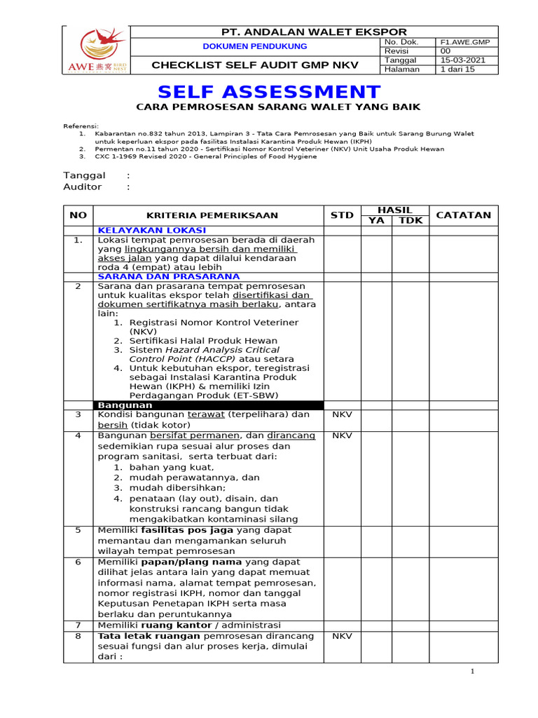 Checklist Self Audit GMP NKV | PDF