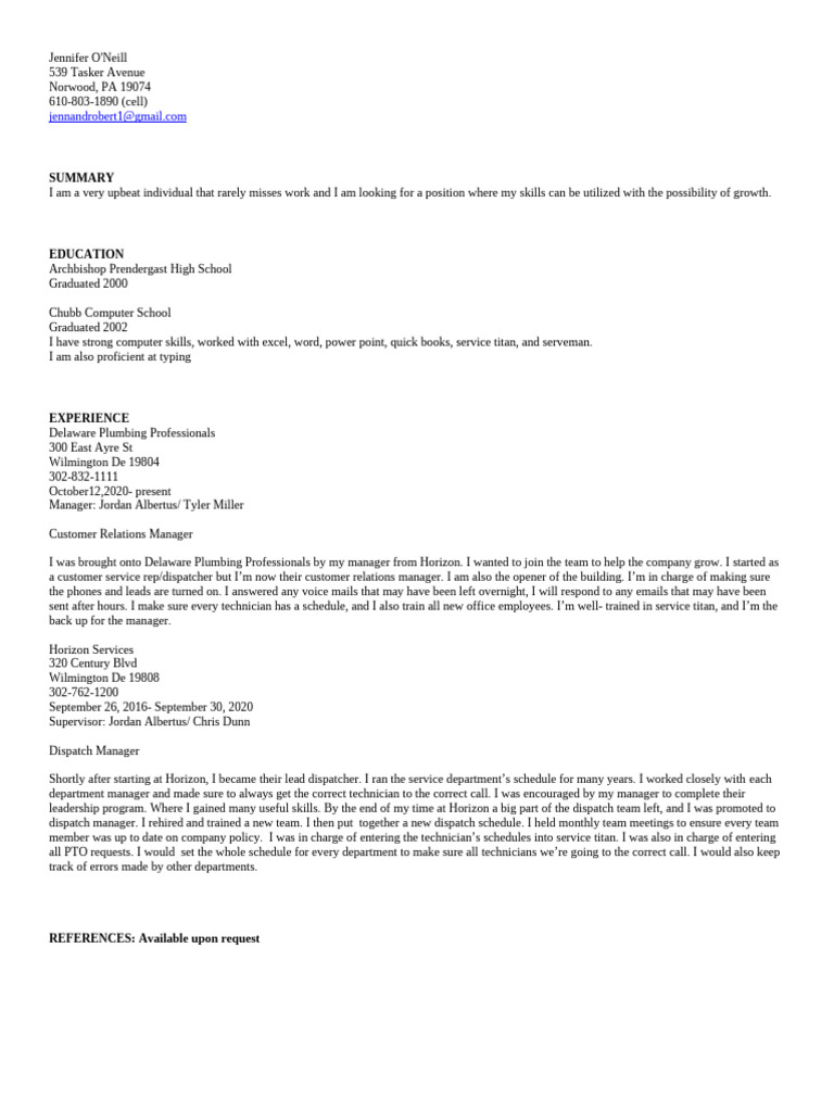 Jennifer O'Neill Resume | PDF