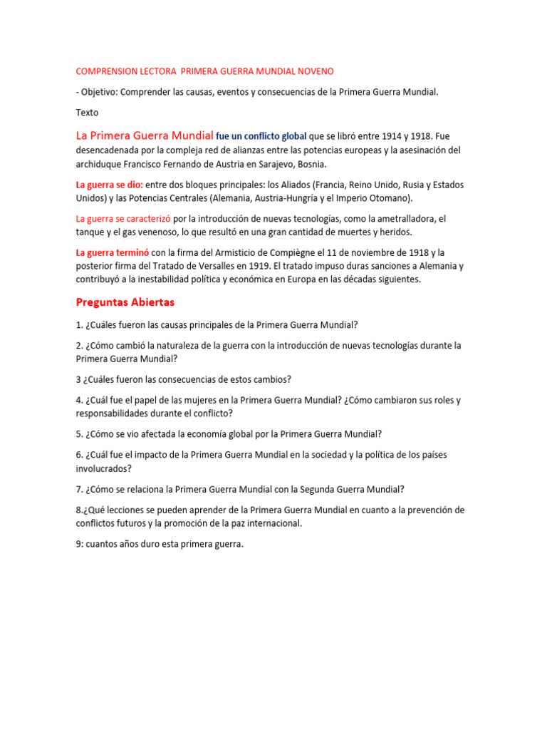 COMPRENSION LECTORA PRIMERA GUERRA MUNDIAL NOVENO | PDF