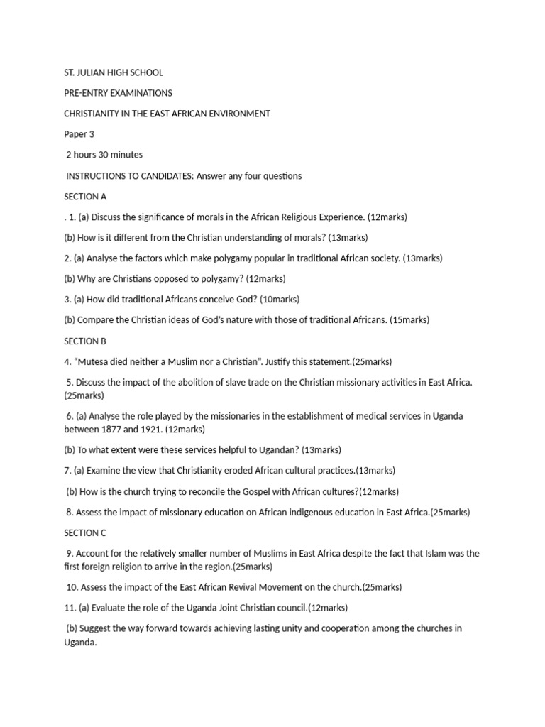 East African Christianity Exam Paper | PDF