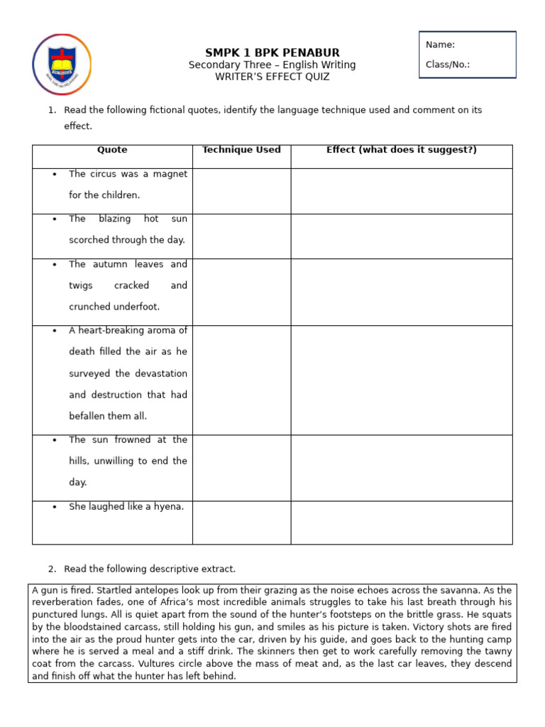 Writer's Effect in English Writing Quiz | PDF