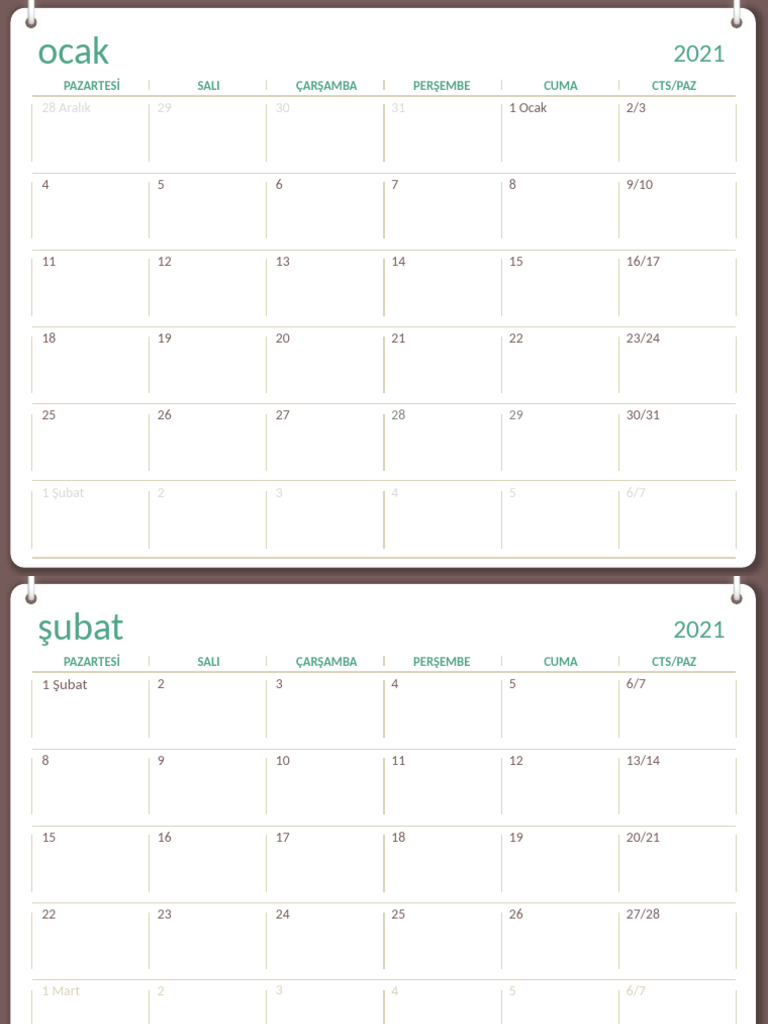 Klasik Duvar Takvimi Pzt-Paz Iki Halkalı Tasarım | PDF