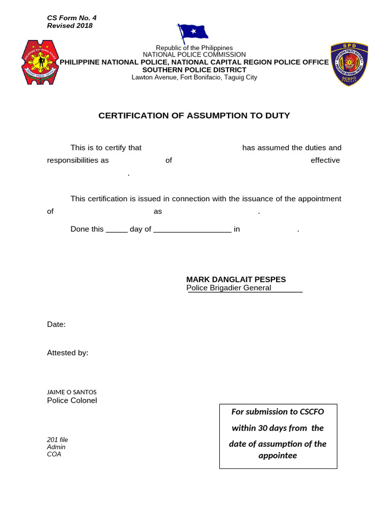 Assumption To Duty Sample | PDF