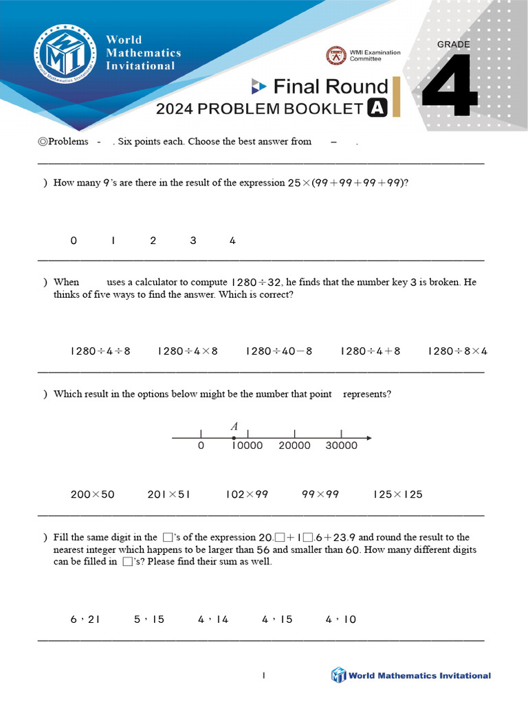 WMI 2024 Final Grade 04 Paper A Question | PDF | Mathematics ...