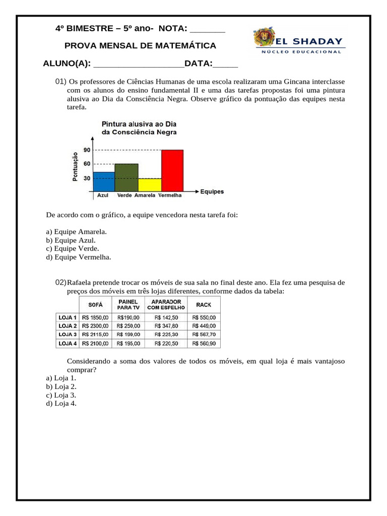 PROVA MENSAL DE MATEMÁTICA 4 BIMESTRE | PDF | Probabilidade