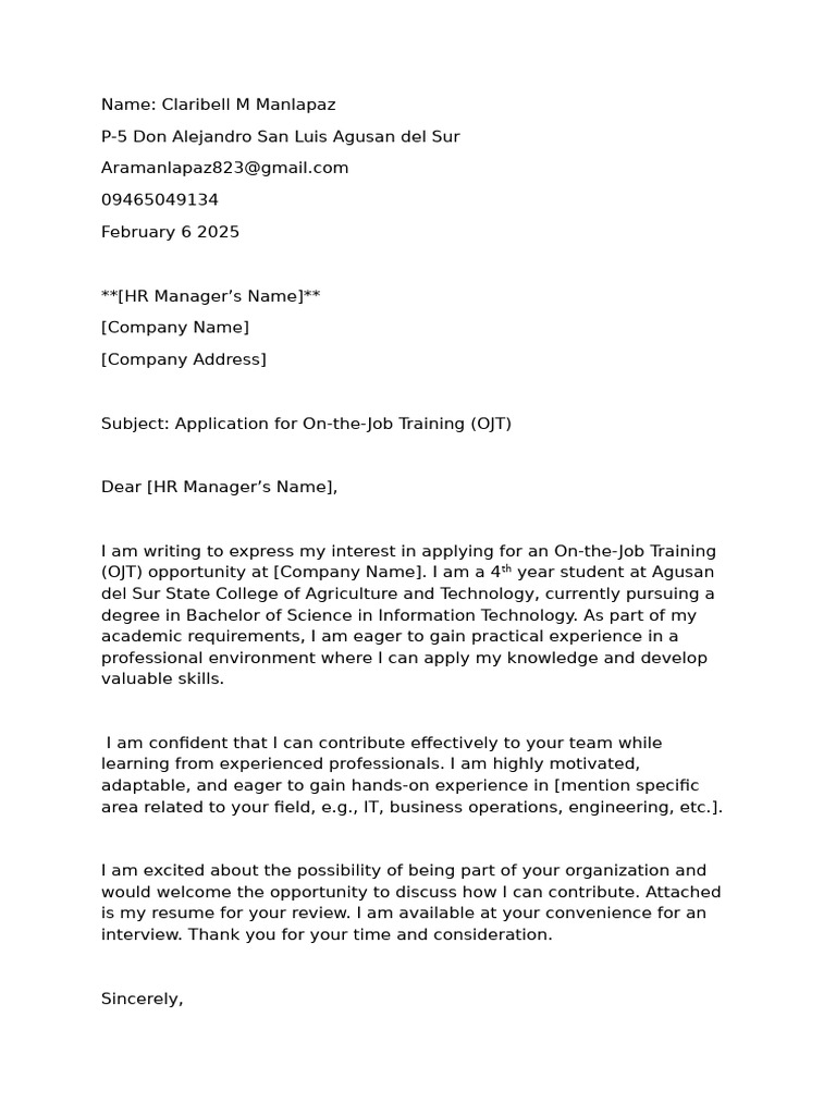 OJT Application by Claribell Manlapaz | PDF