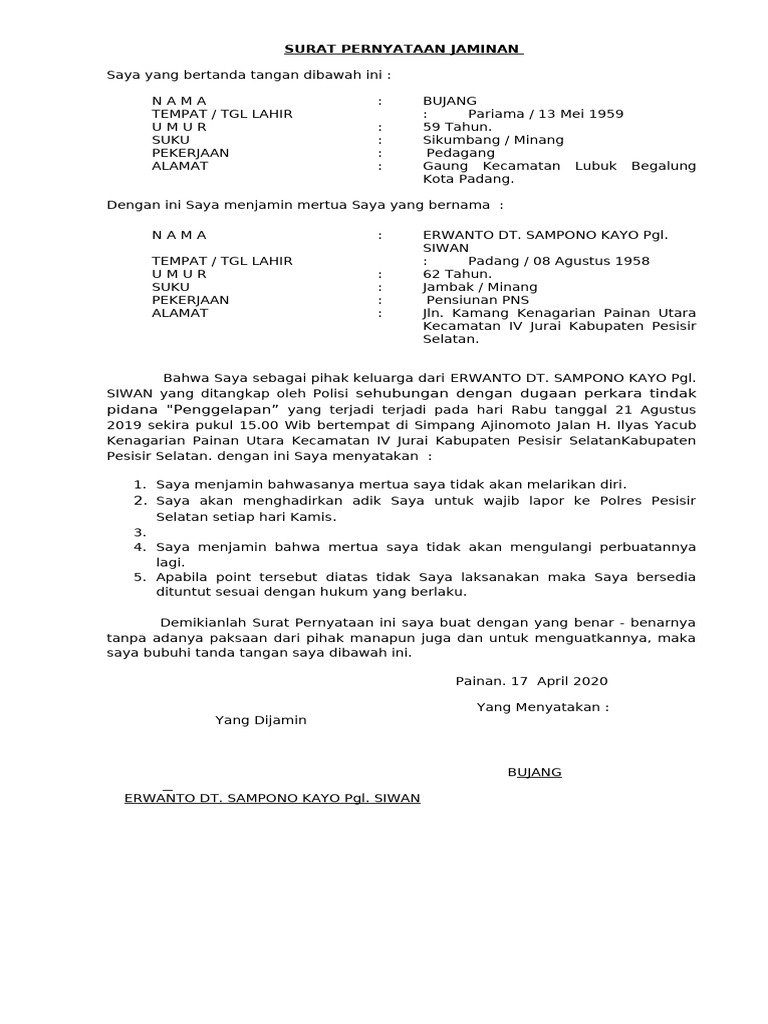 SURAT PERNYATAAN JAMINAN | PDF