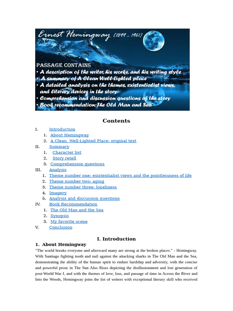 Hemingway's A Clean Well-Lighted Place Analysis | PDF | Existentialism