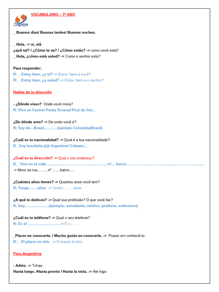 7º Ano Vocabulario Saludos | PDF