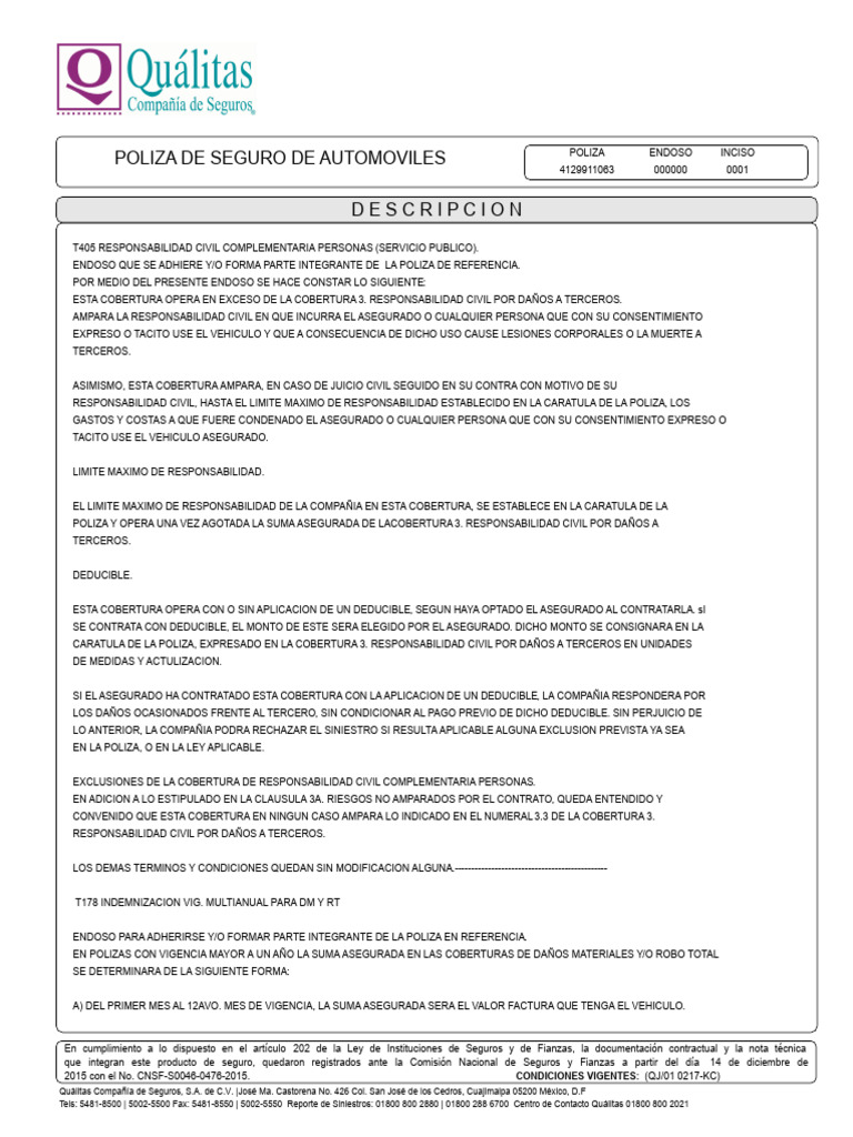 Qualitas Caratula | PDF | Póliza de seguros | Ley común