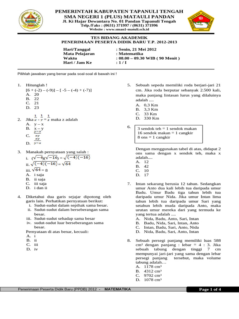 2012 - Matematika - SMA Matauli | PDF