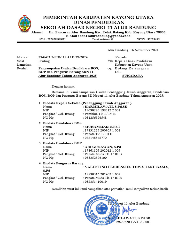 Usulan Penanggung Jawab Anggaran, Bendahara Bos-Bop Dan Pengurus Barang Ta 2025 | PDF