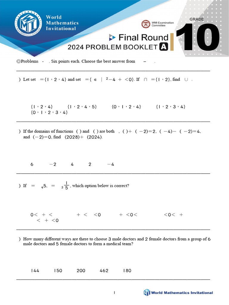 WMI 2024 Final Grade 10 Paper A Question | PDF | Mathematical Analysis | Euclidean Geometry