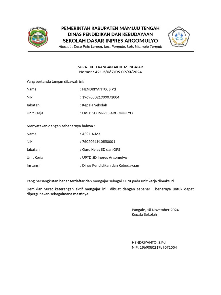 Surat Keterangan Kepsek | PDF