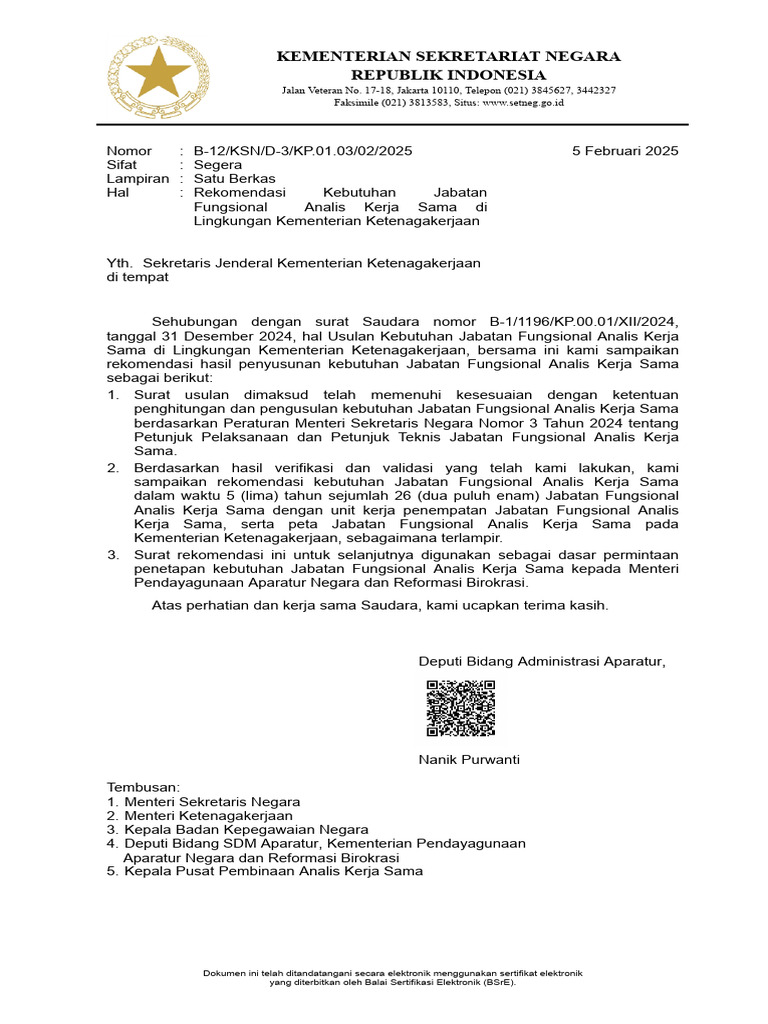 Kemenaker - Surat Rekomendasi JF AKS | PDF