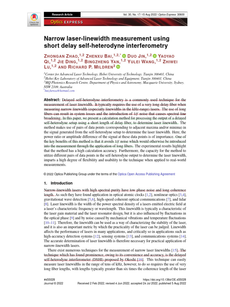 Laser Linewidth Measurement Method | PDF | Fiber Optic Communication ...