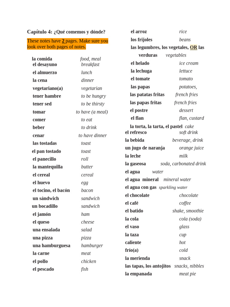 Vocabulario esencial sobre comidas y bebidas | PDF | Alimentos | Cocina ...