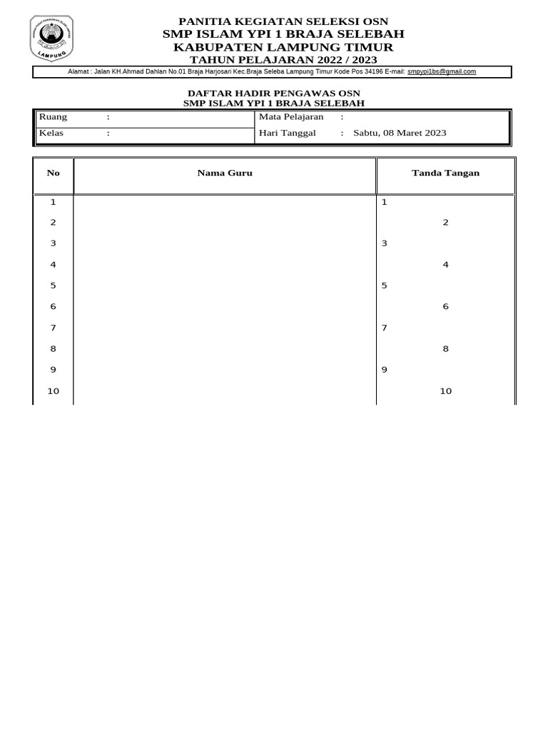 Daftar Hadir Pengawas Osn | PDF