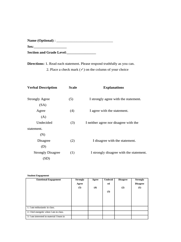 Student Engagement Survey Template | PDF | Mental Processes | Psychology