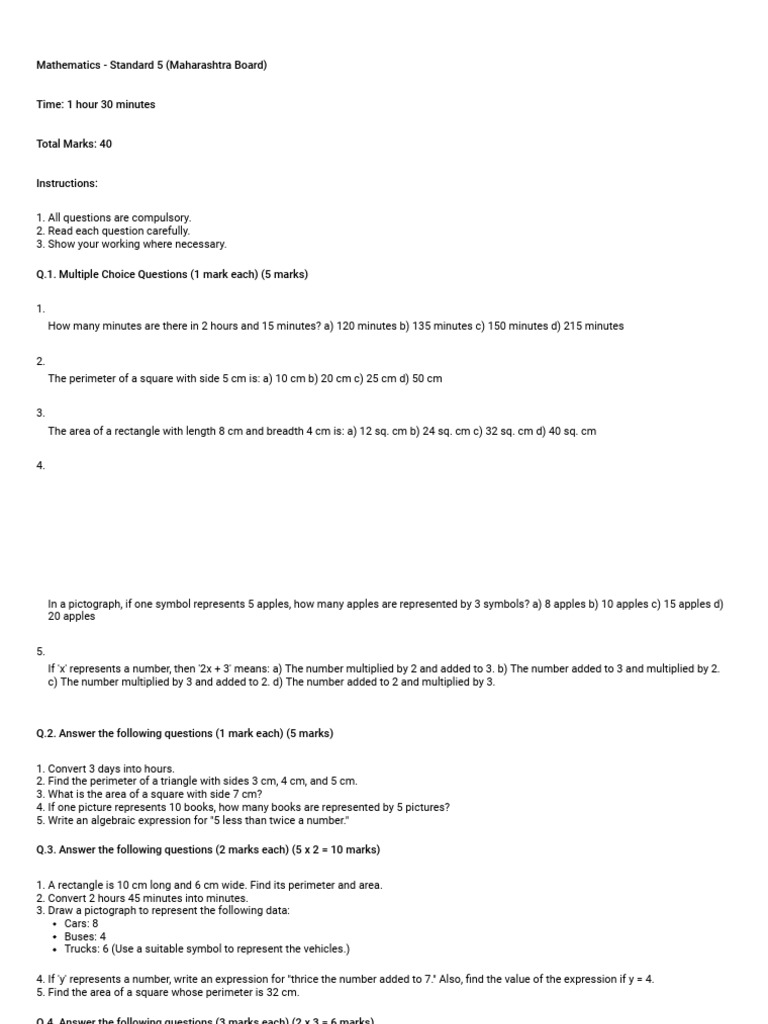 5th Standard Maths Exam Paper | PDF | Area | Numbers