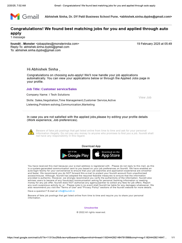 Gmail - Congratulations! We Found Best Matching Jobs For You and ...